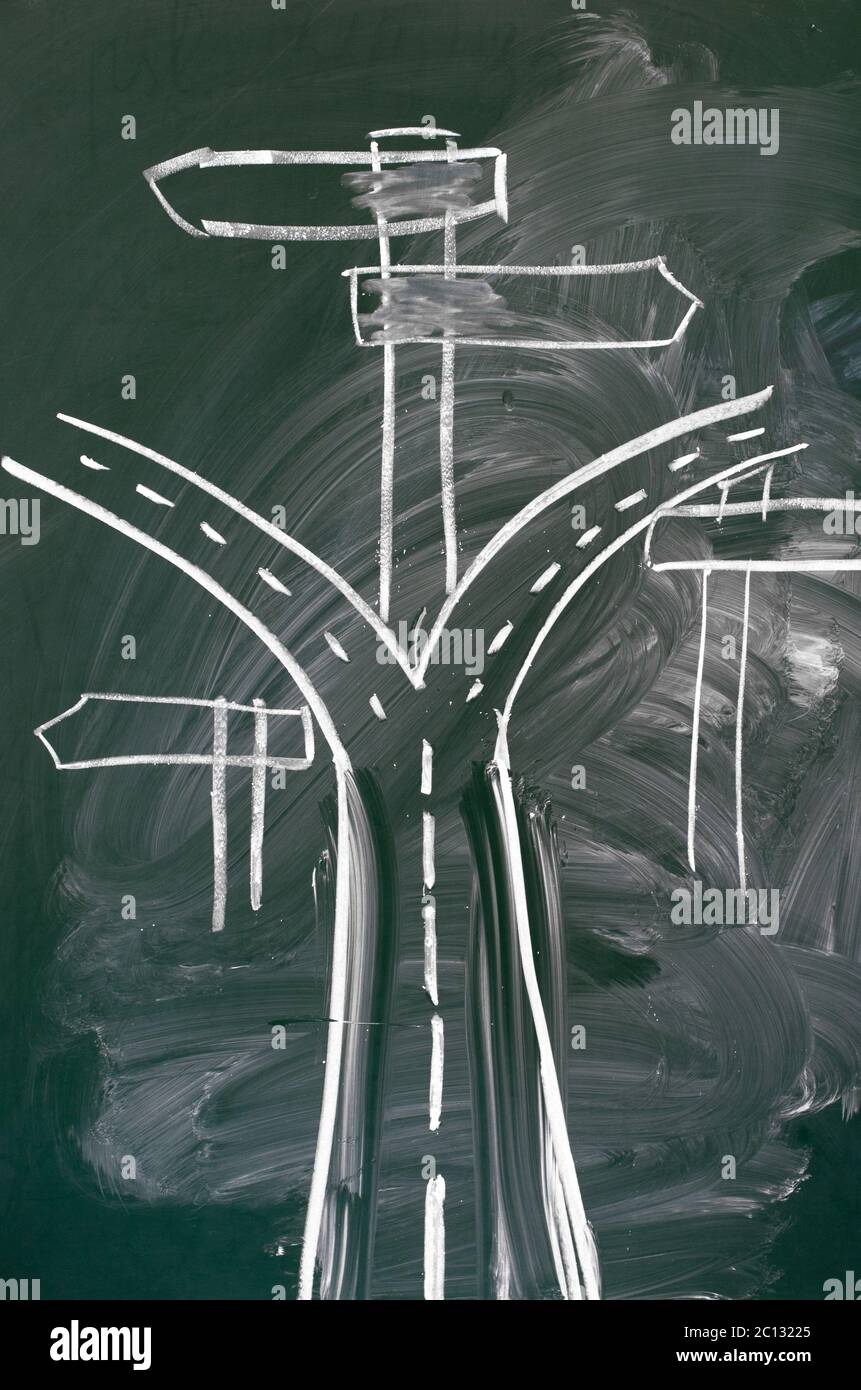 Path selection arrow. Drawing on a dirty board Stock Photo - Alamy