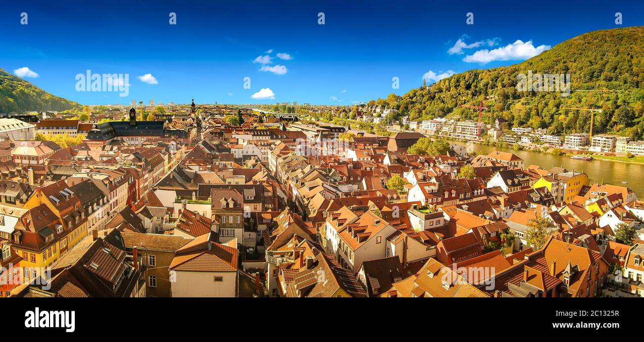 Bird panoramic view over old downtown in Heidelberg at sunny day and ...