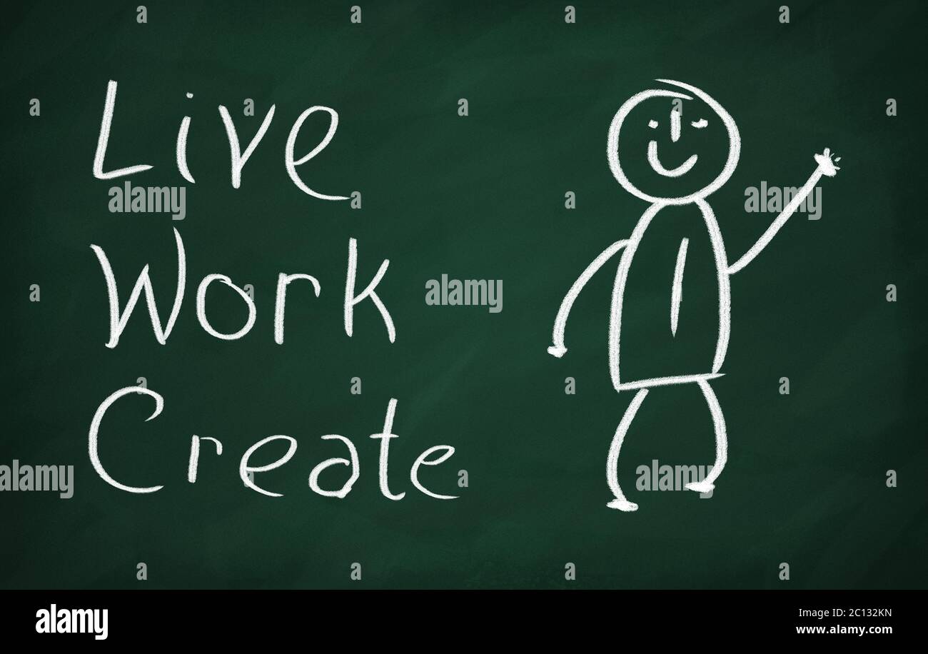 On the blackboard draw character and write Live, Work, Create Stock ...