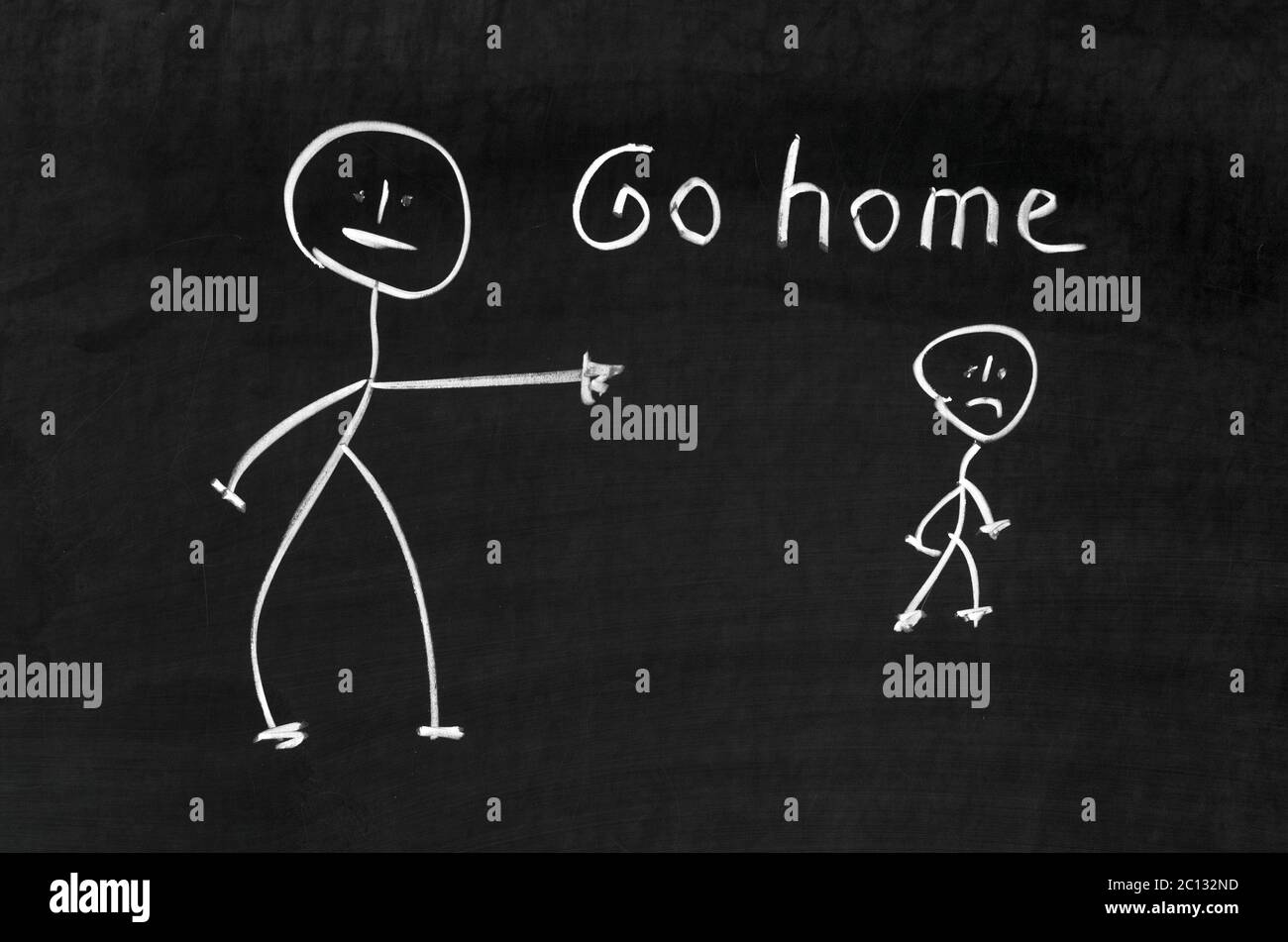 Dark chalkboard with two characters and write Go home Stock Photo - Alamy