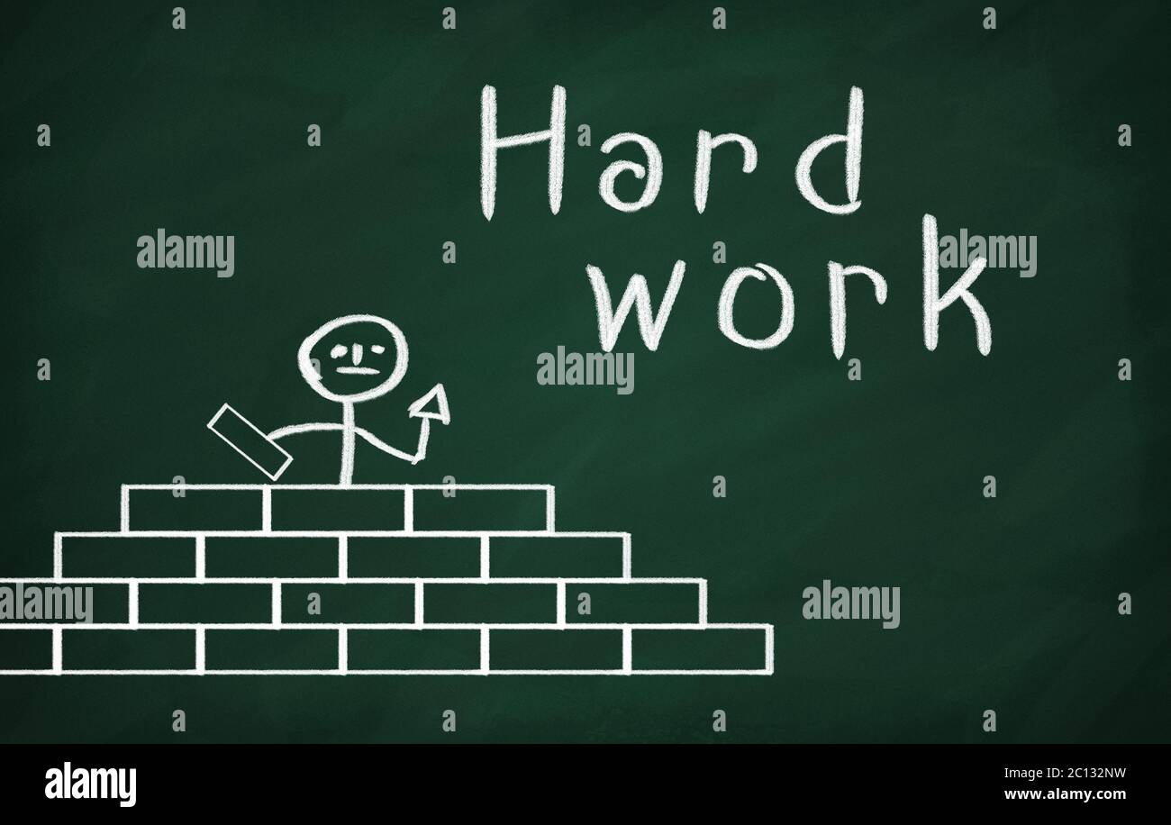 On the blackboard draw character and write Hard work Stock Photo - Alamy