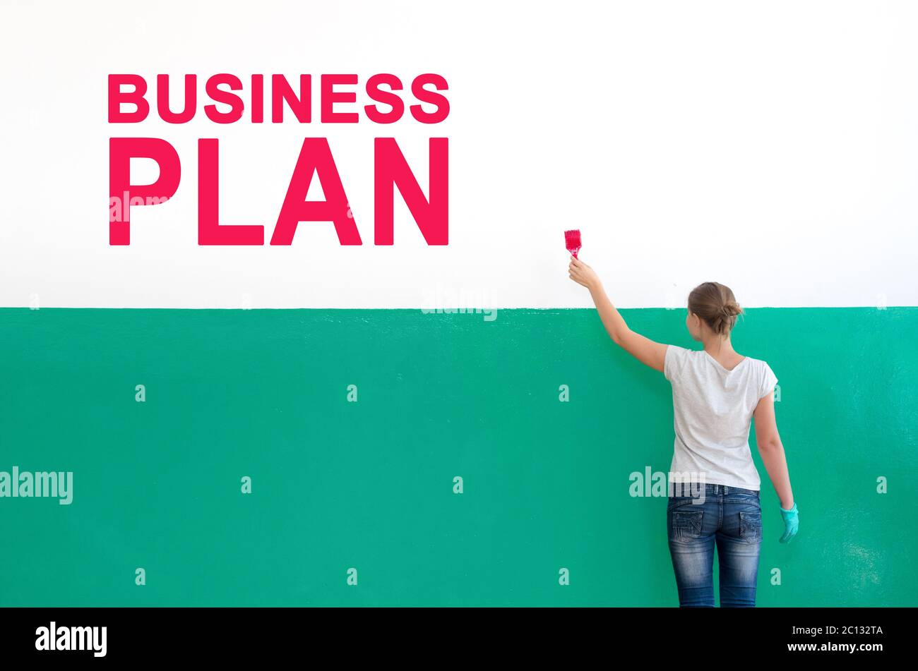 On the white wall with paint write Business plan Stock Photo - Alamy