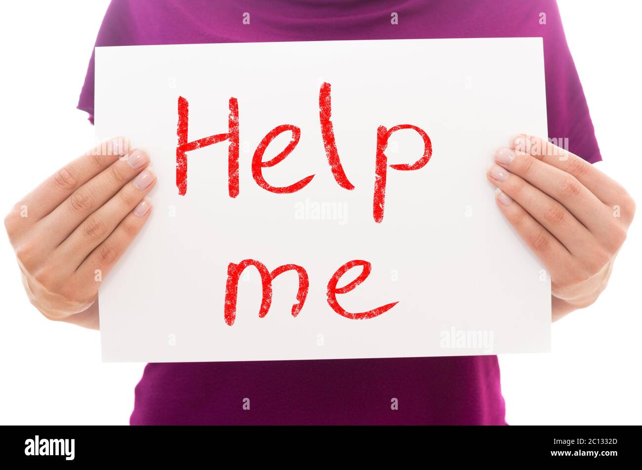 Girl holding white paper sheet with text Help me Stock Photo - Alamy