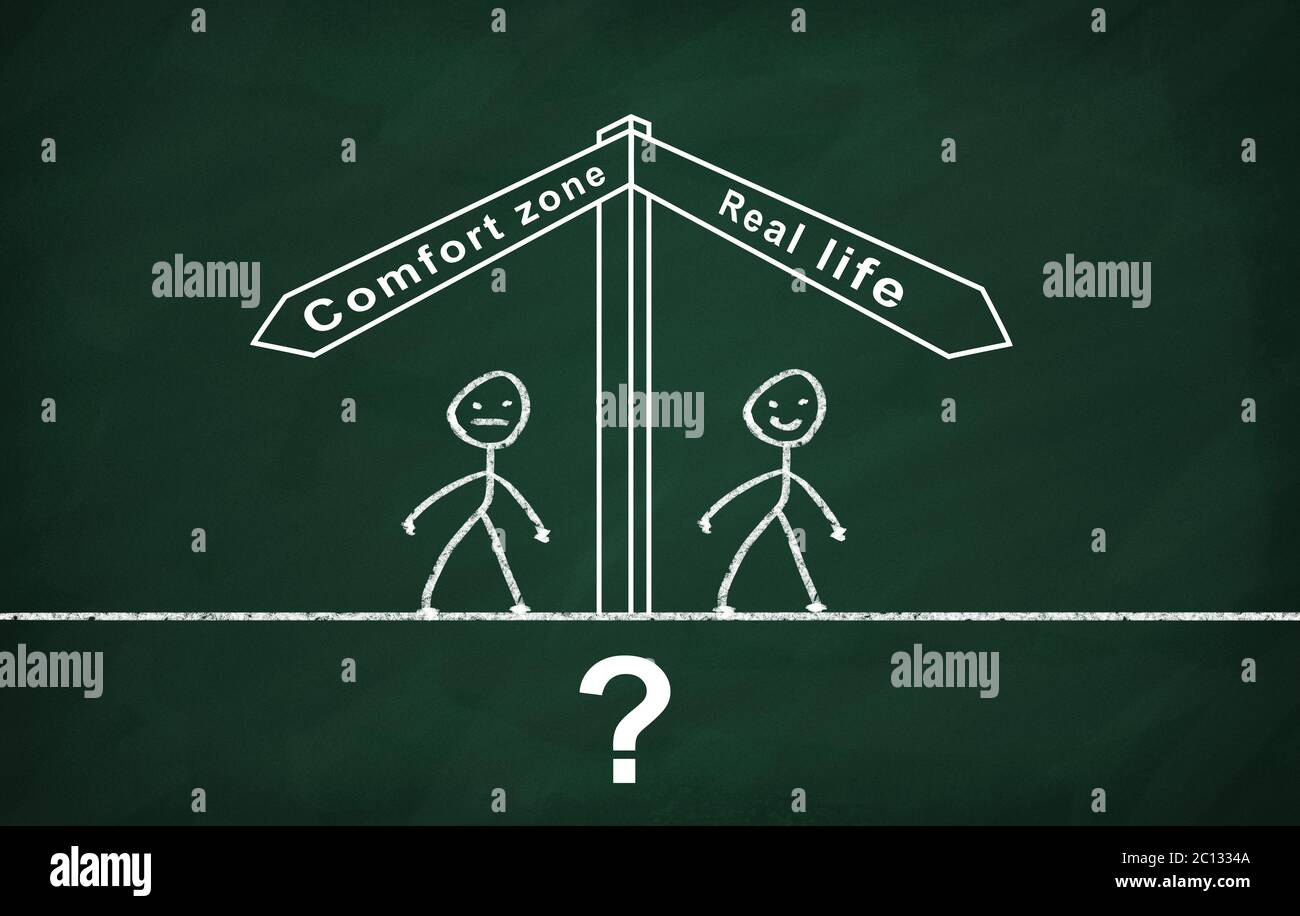 On the blackboard draw character and sign with text: Real life and ...