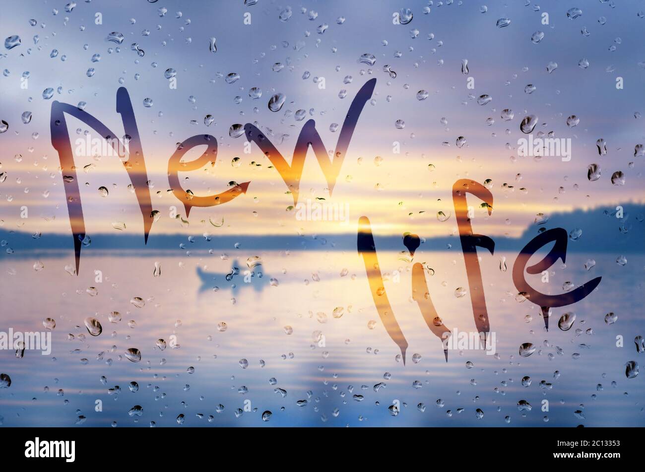 Rain on glass with New life text Stock Photo - Alamy