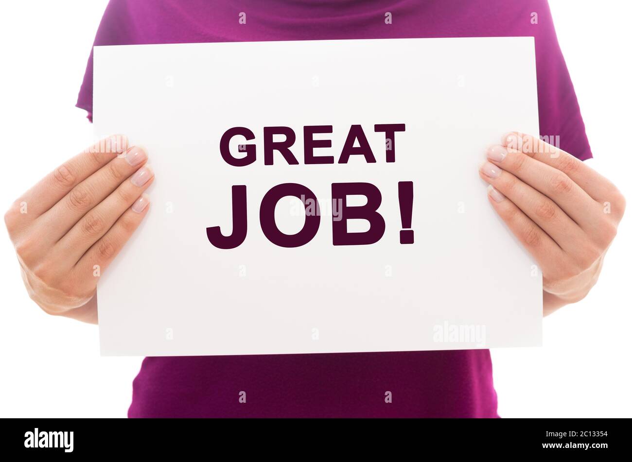 Girl holding white paper sheet with text Great job Stock Photo - Alamy