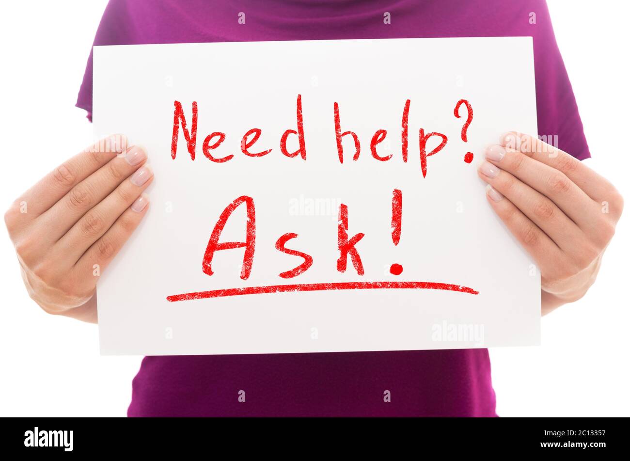 Girl holding white paper sheet with text Need help? Ask! Stock Photo ...