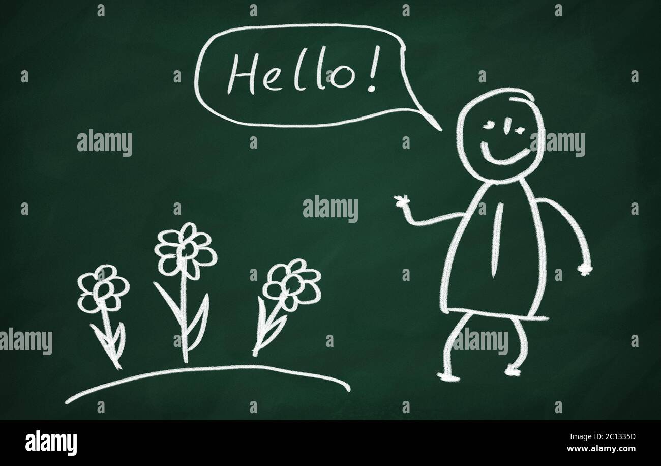 On the blackboard draw character and write Hello Stock Photo - Alamy