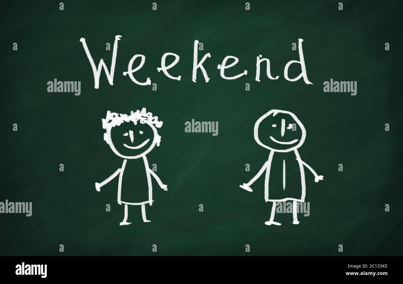 Characters drawn on the blackboard and writed weekend Stock Photo - Alamy