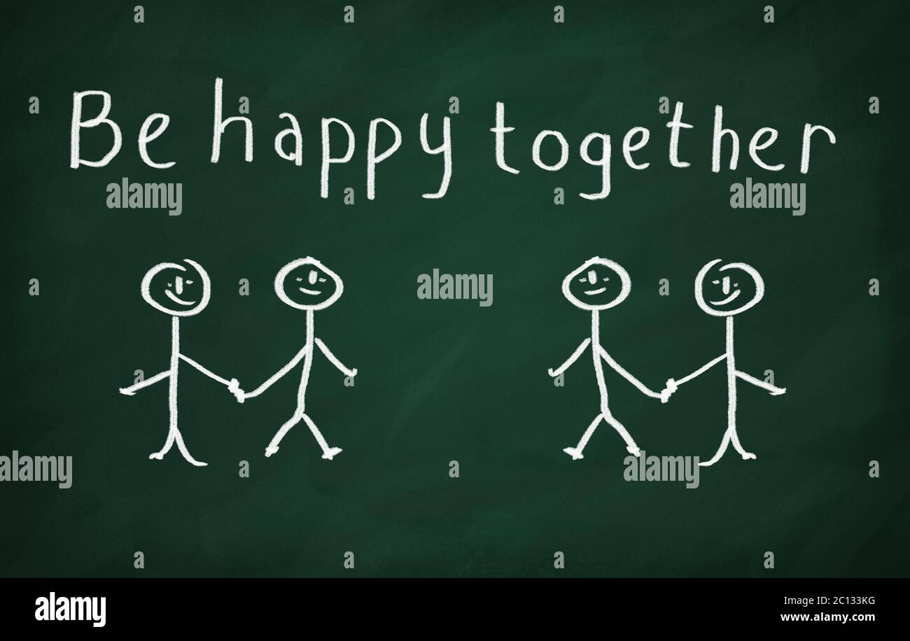 On the blackboard draw several characters and write Be happy together ...