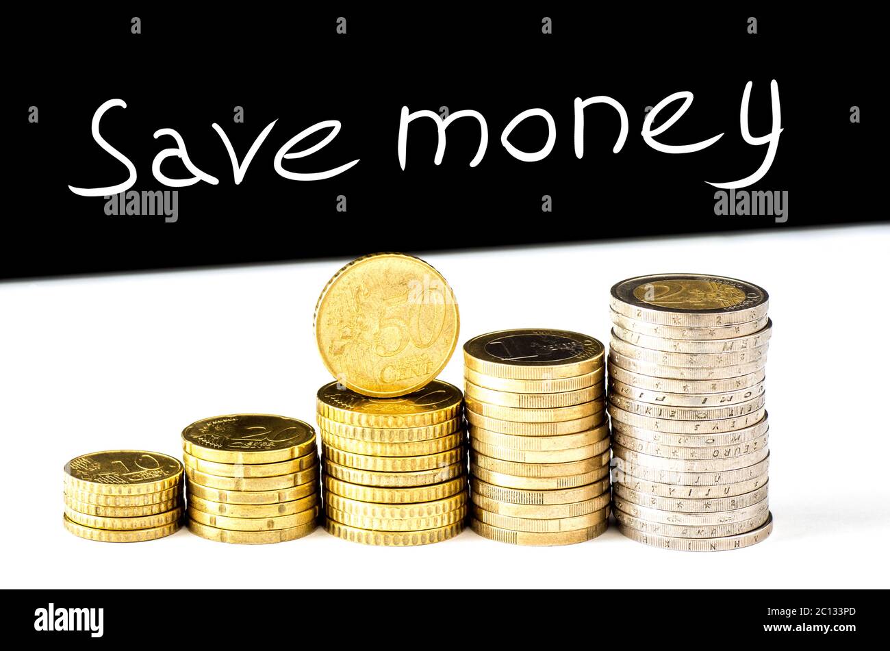 Stacks chart of gold coins isolated on background and write Save money ...