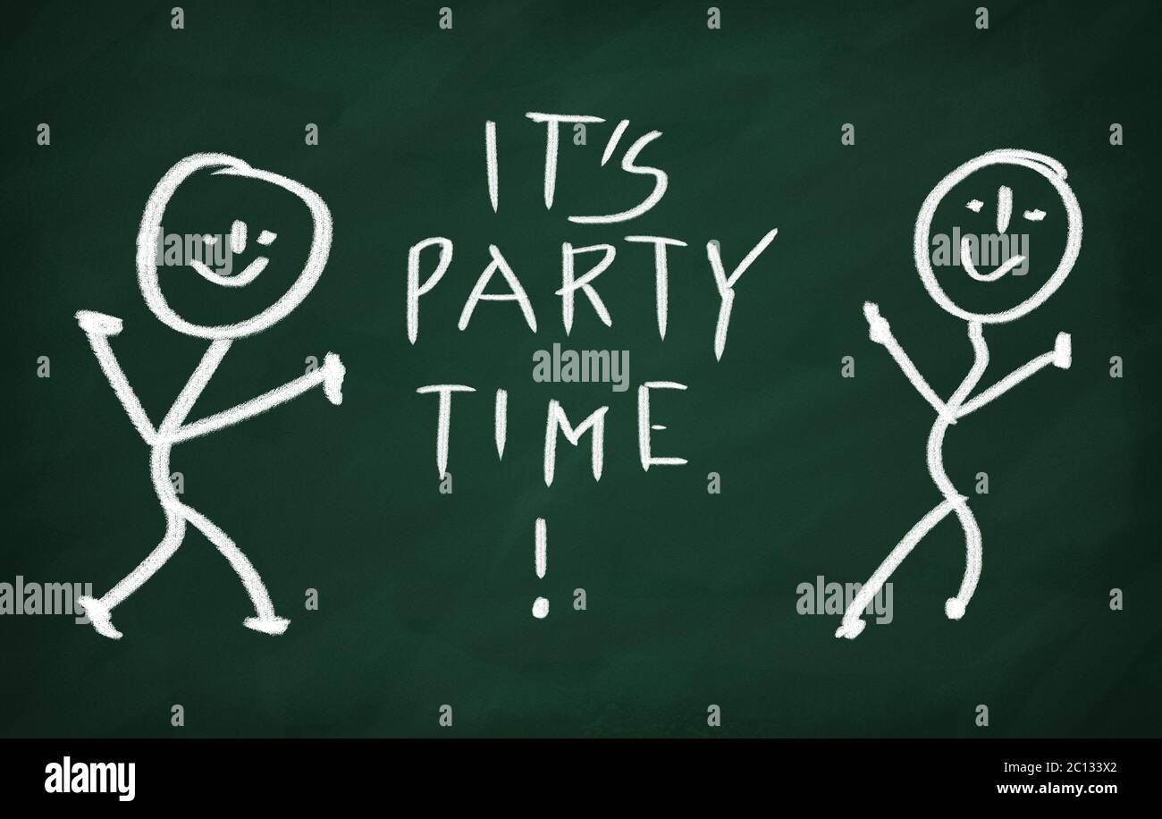 On the blackboard draw two chracters and write Its party time! Stock ...