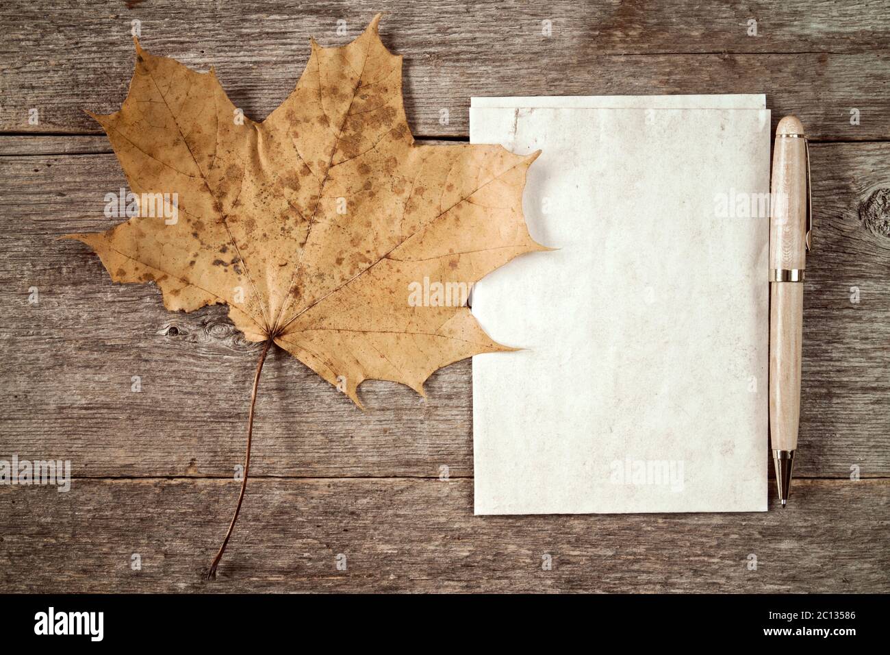 Rustic maple leaf and blank paper Stock Photo - Alamy