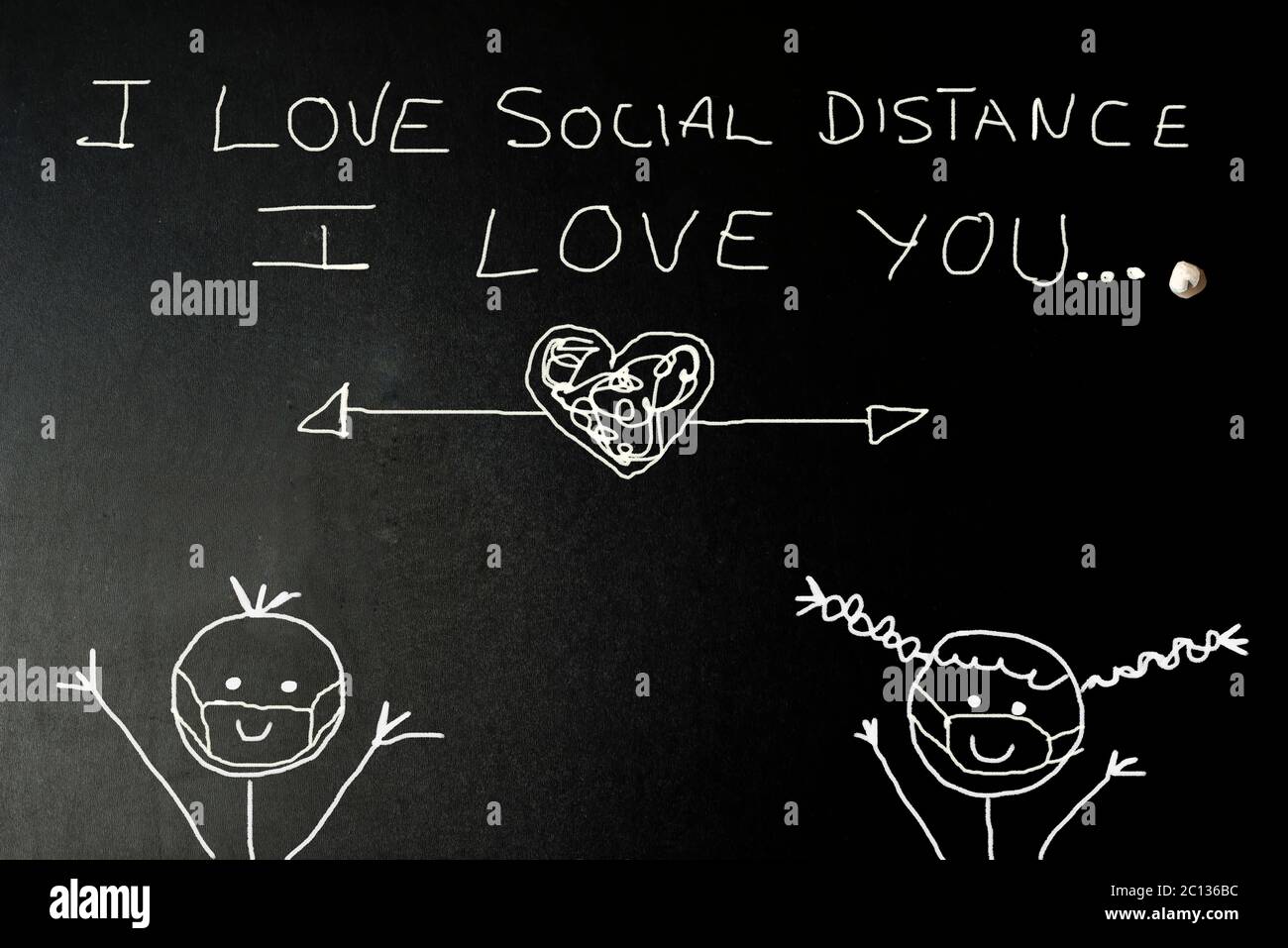Covid 19, social distance concept. Hand drawings of stick figures, boy ...