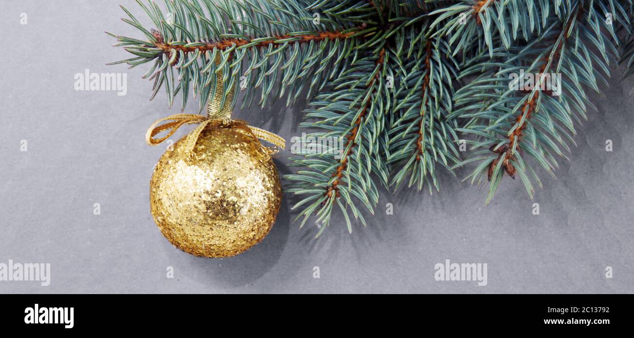 Golden Christmas ball on green spruce branch isolated Stock Photo - Alamy