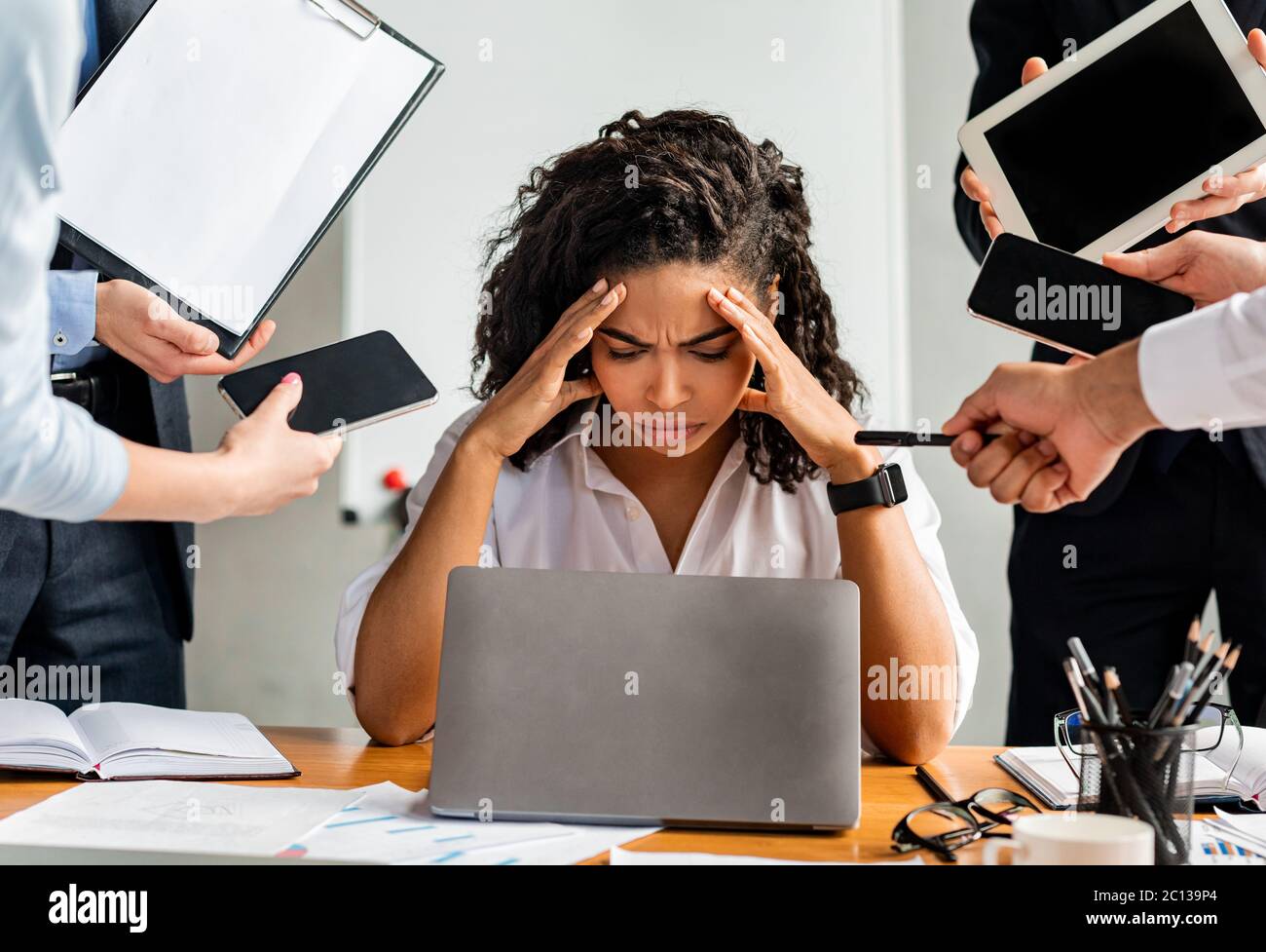 Overworked Business Lady Sitting Stressed In Modern Office Stock Photo ...