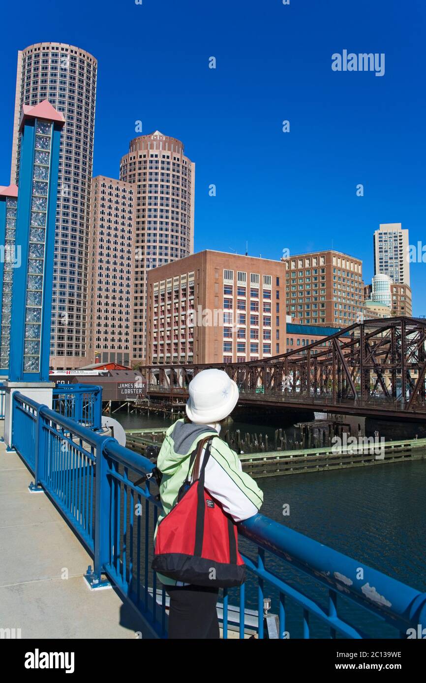 Woman on Moakley Bridge, Fort Point Channel, Boston, Massachusetts, USA ...