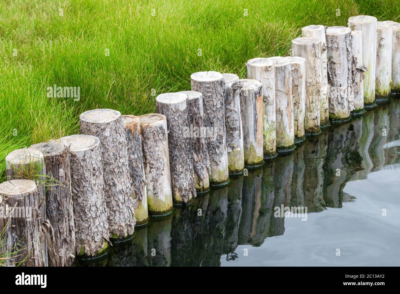 a border made from small wooden logs between a calm pond and lush green ...