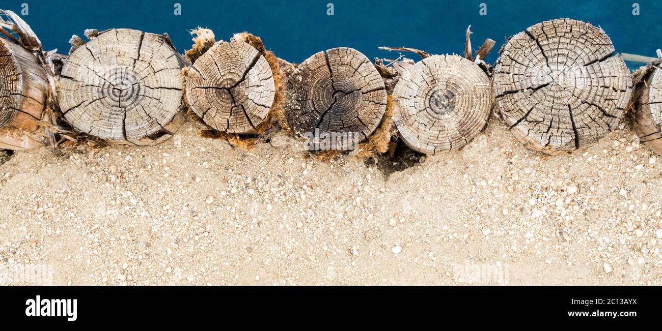 a border made from small wooden logs on the shore of a pond at a ...