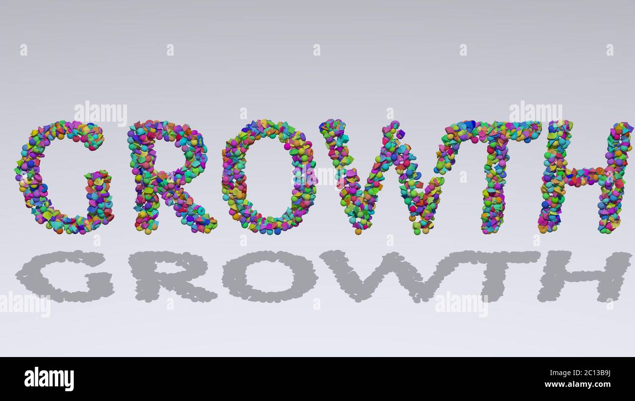 growth written in 3D illustration by colorful small objects casting ...