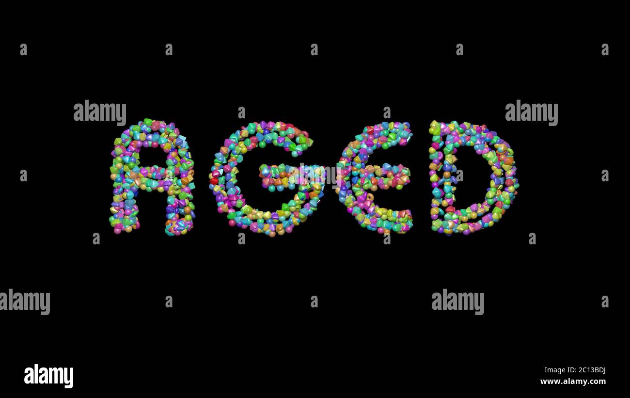 Colorful 3D writting of aged text with small objects over a dark ...