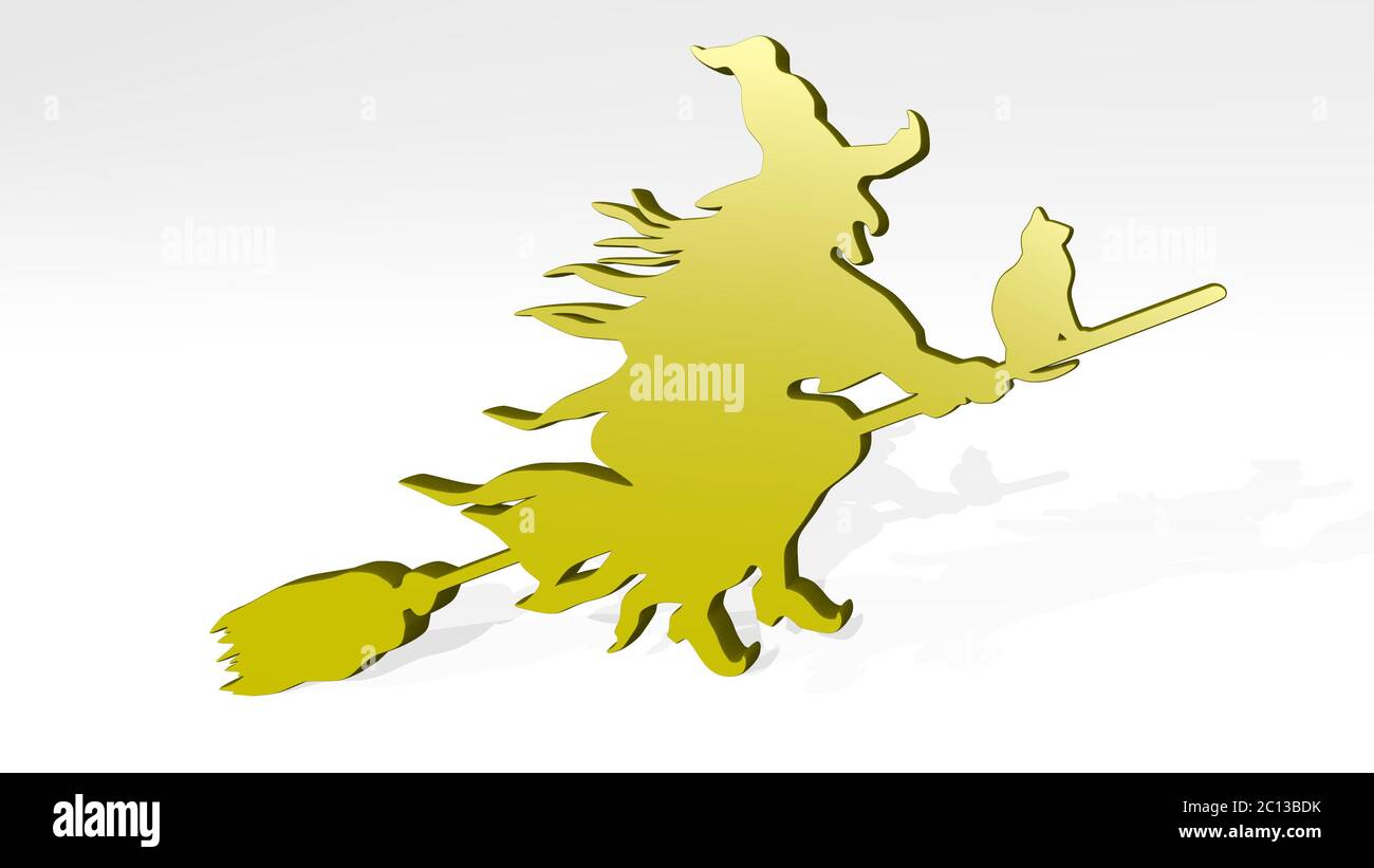 wizard flying with broom from a perspective on the wall. A thick ...