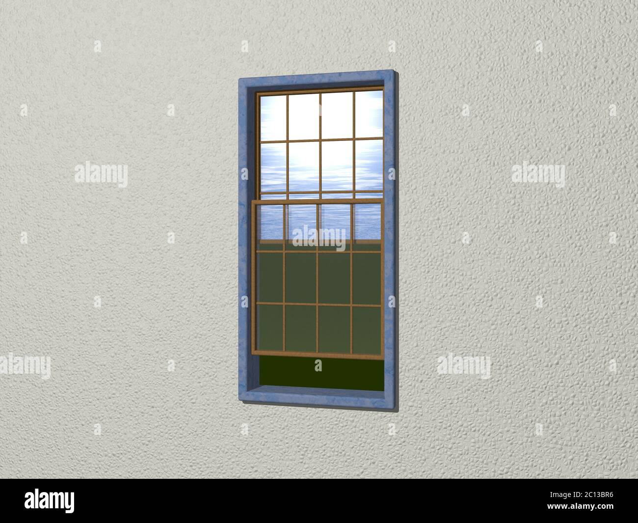 Open sash window from beige wall viewing outside lawn with cloudy sky ...