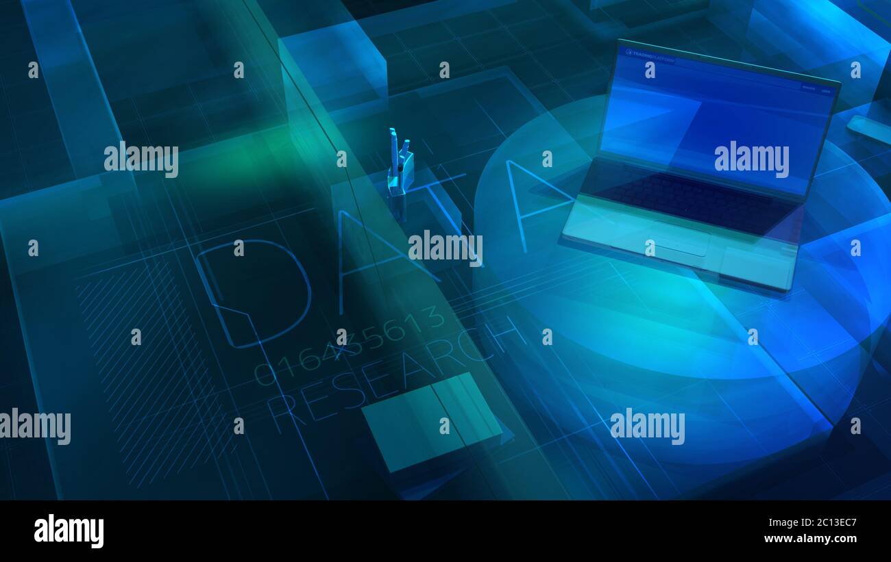 Dark blue corporate background with laptop on Data Research topic Stock ...