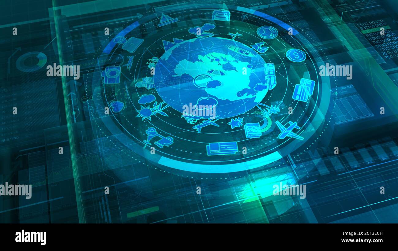 Virtual space with worldwide travel infographics and business graphs ...