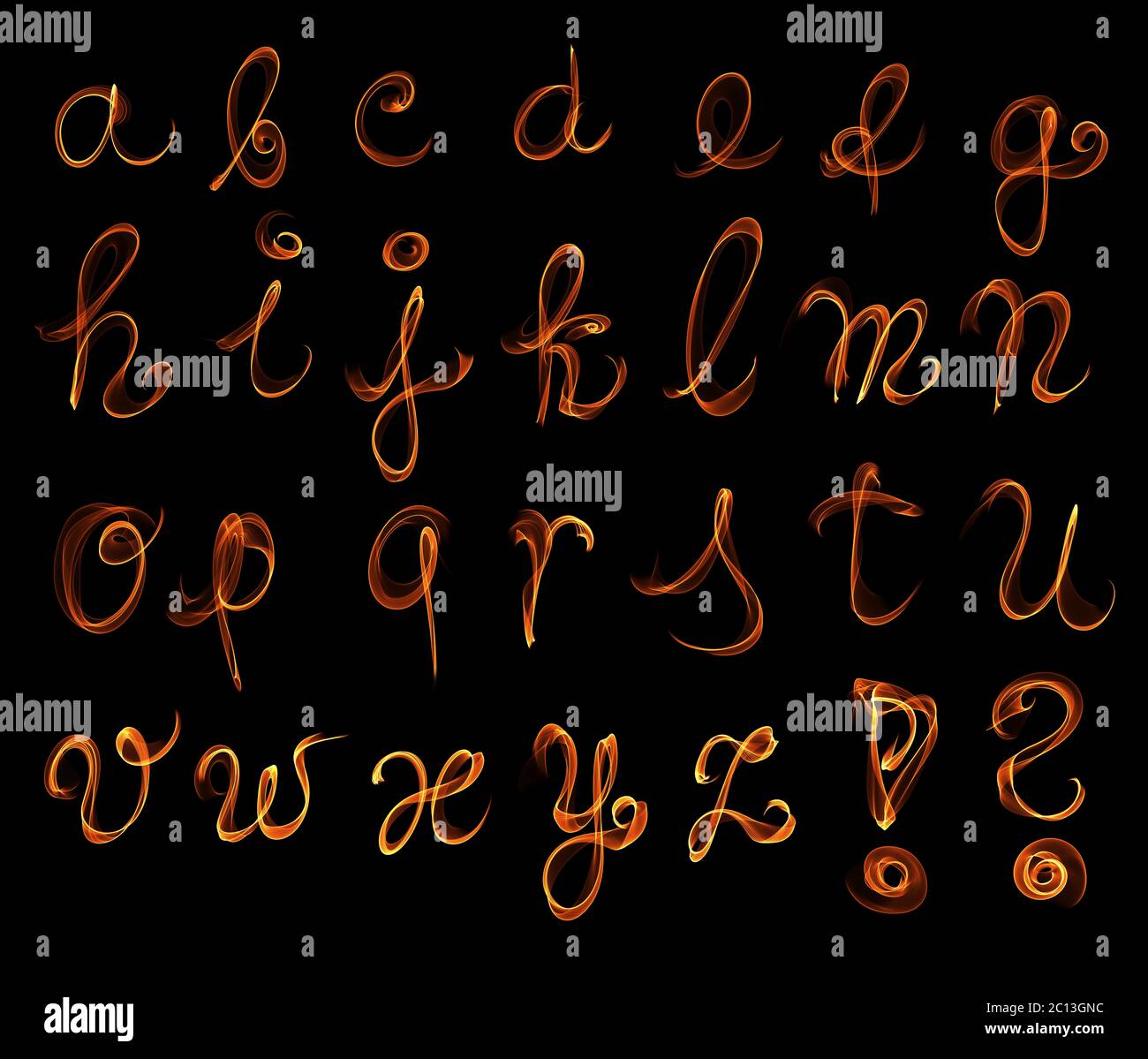 The fire english alphabet set on black background Stock Photo - Alamy