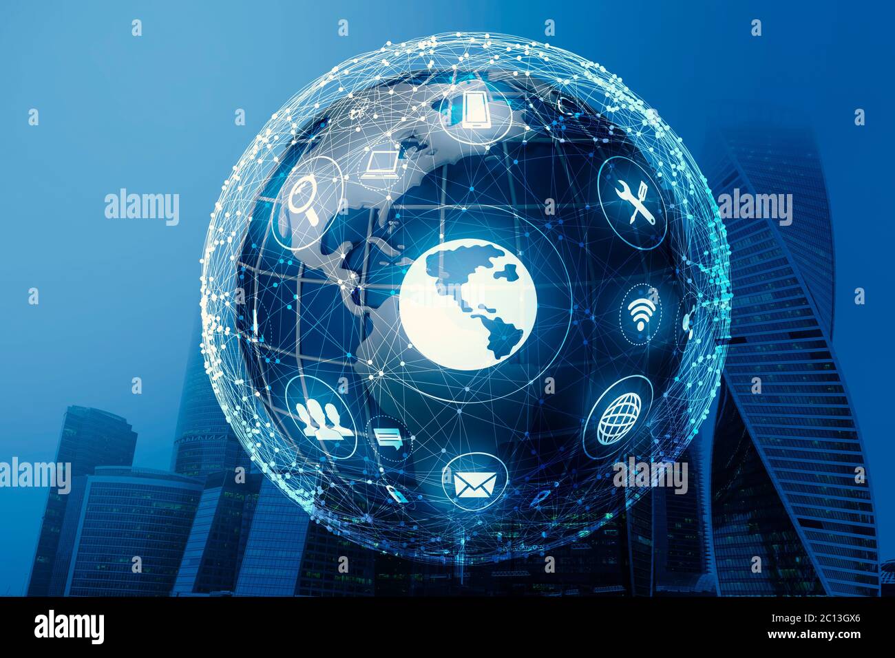 Internet Technologies Background With Holographic Globe Over Urban ...