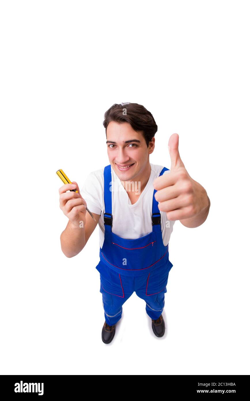 Funny repairman with tools isolated on white Stock Photo - Alamy