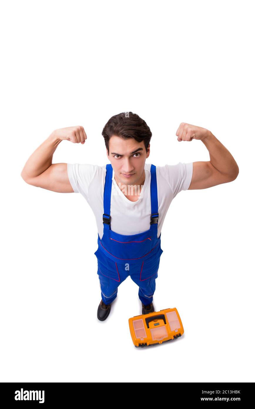 Funny repairman with tools isolated on white Stock Photo - Alamy