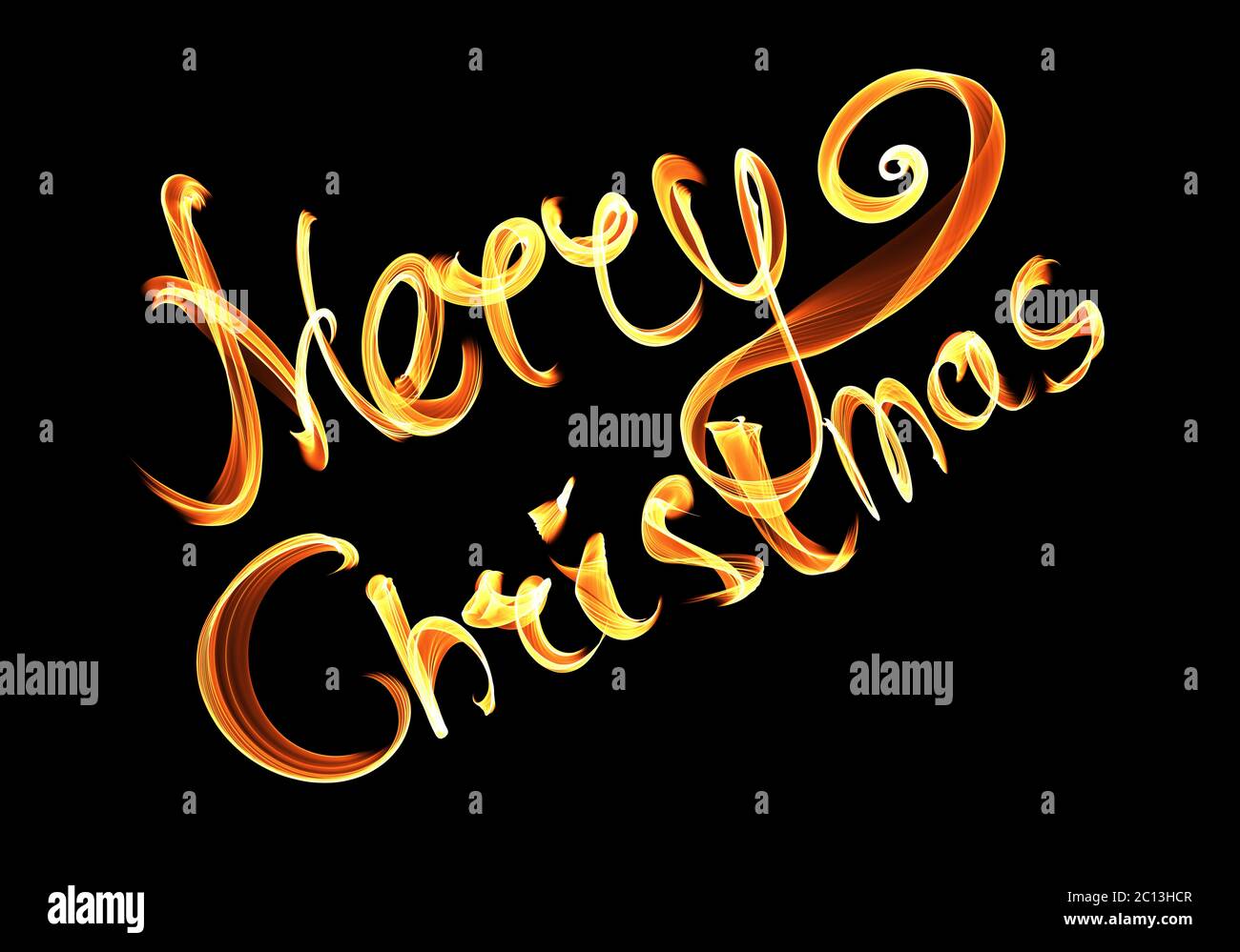 Merry Christmas isolated text written with flame fire light on black ...