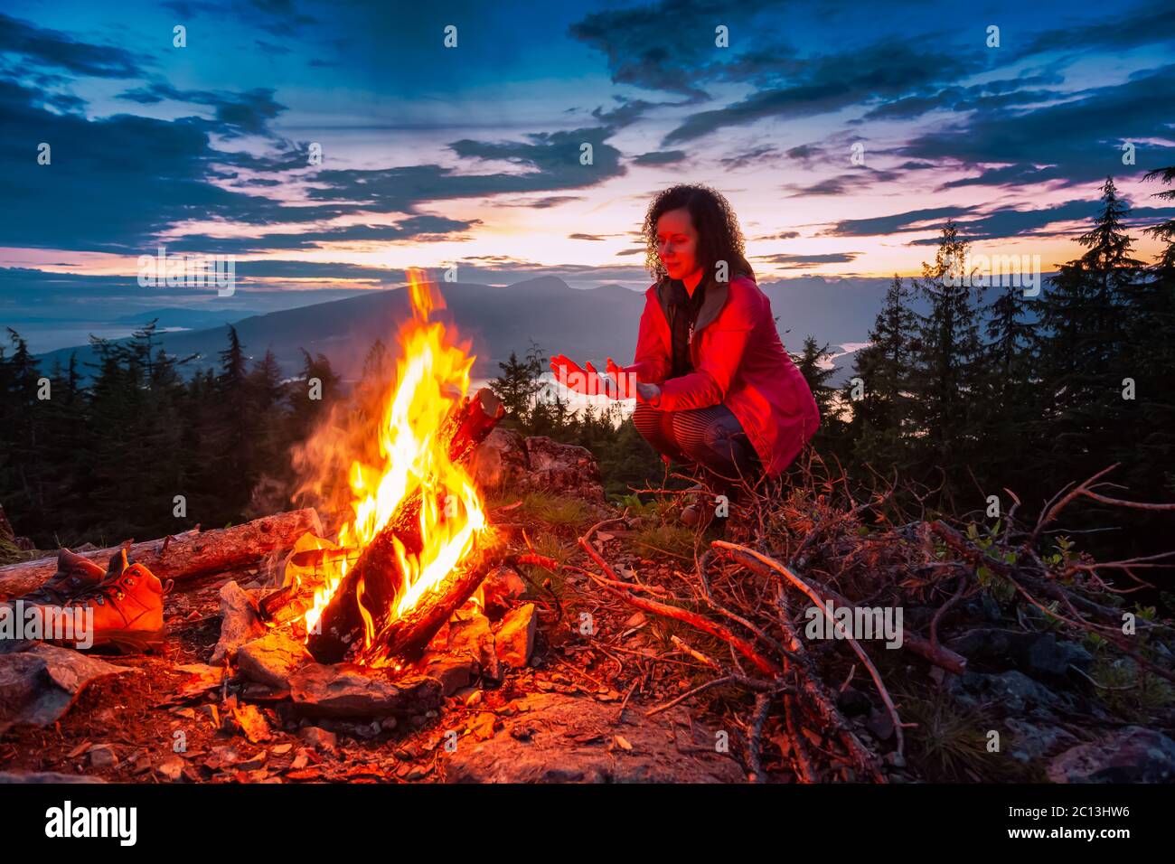 Warm Camp Fire on top of a mountain with Beautiful Canadian Nature ...