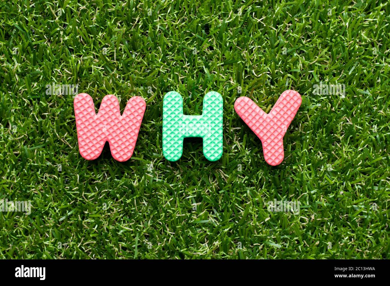 Toy foam letter in word why on green grass background Stock Photo - Alamy