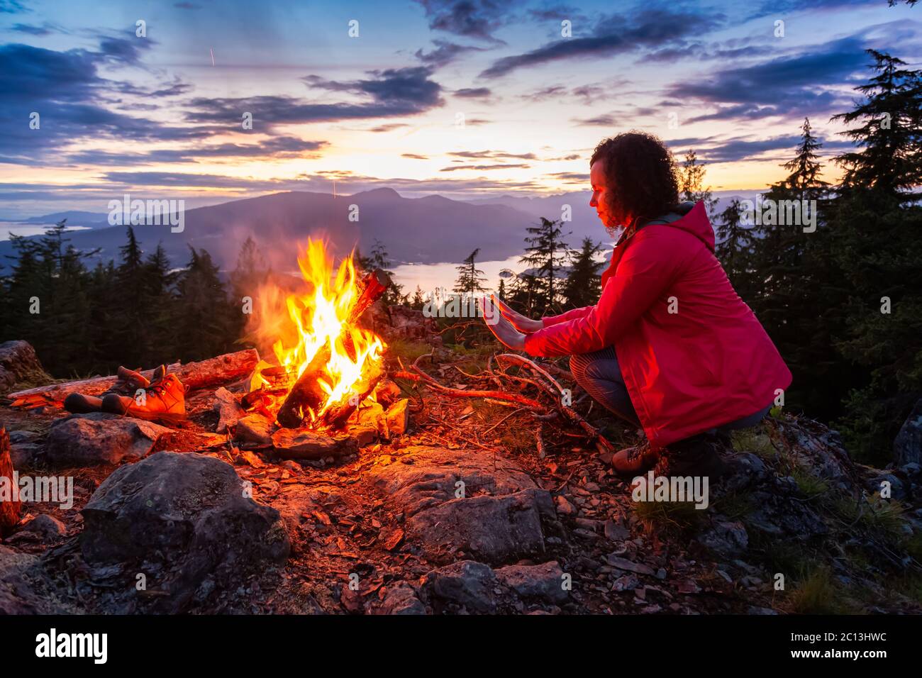 Warm Camp Fire on top of a mountain with Beautiful Canadian Nature ...