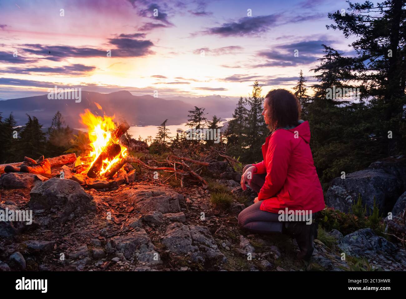 Warm Camp Fire on top of a mountain with Beautiful Canadian Nature ...