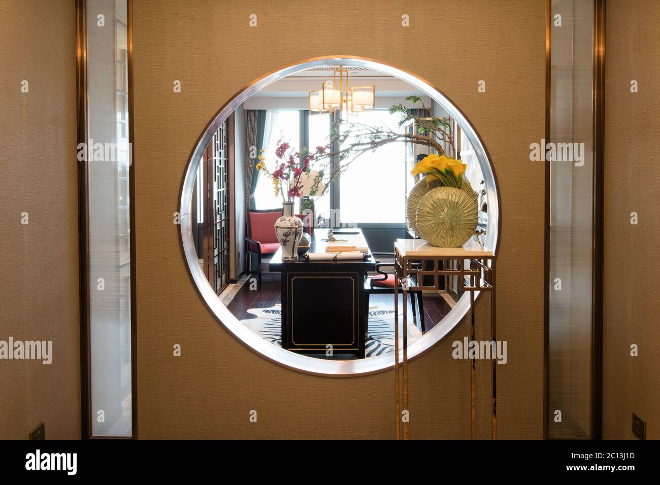 wood door with circle glass window in modern study Stock Photo - Alamy