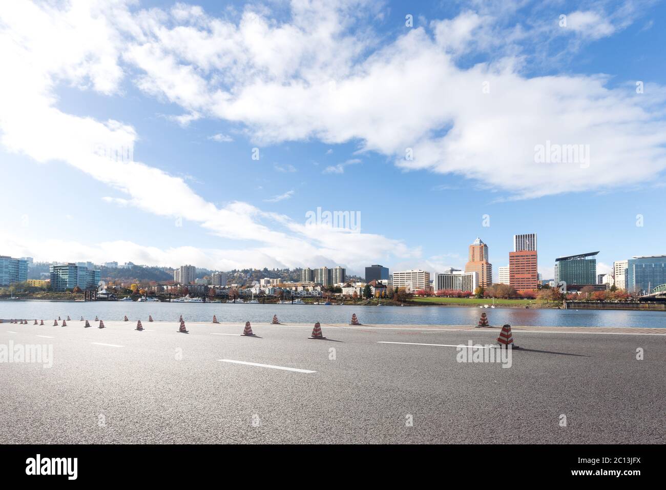 cityscape and skyline of portland from empty road Stock Photo - Alamy