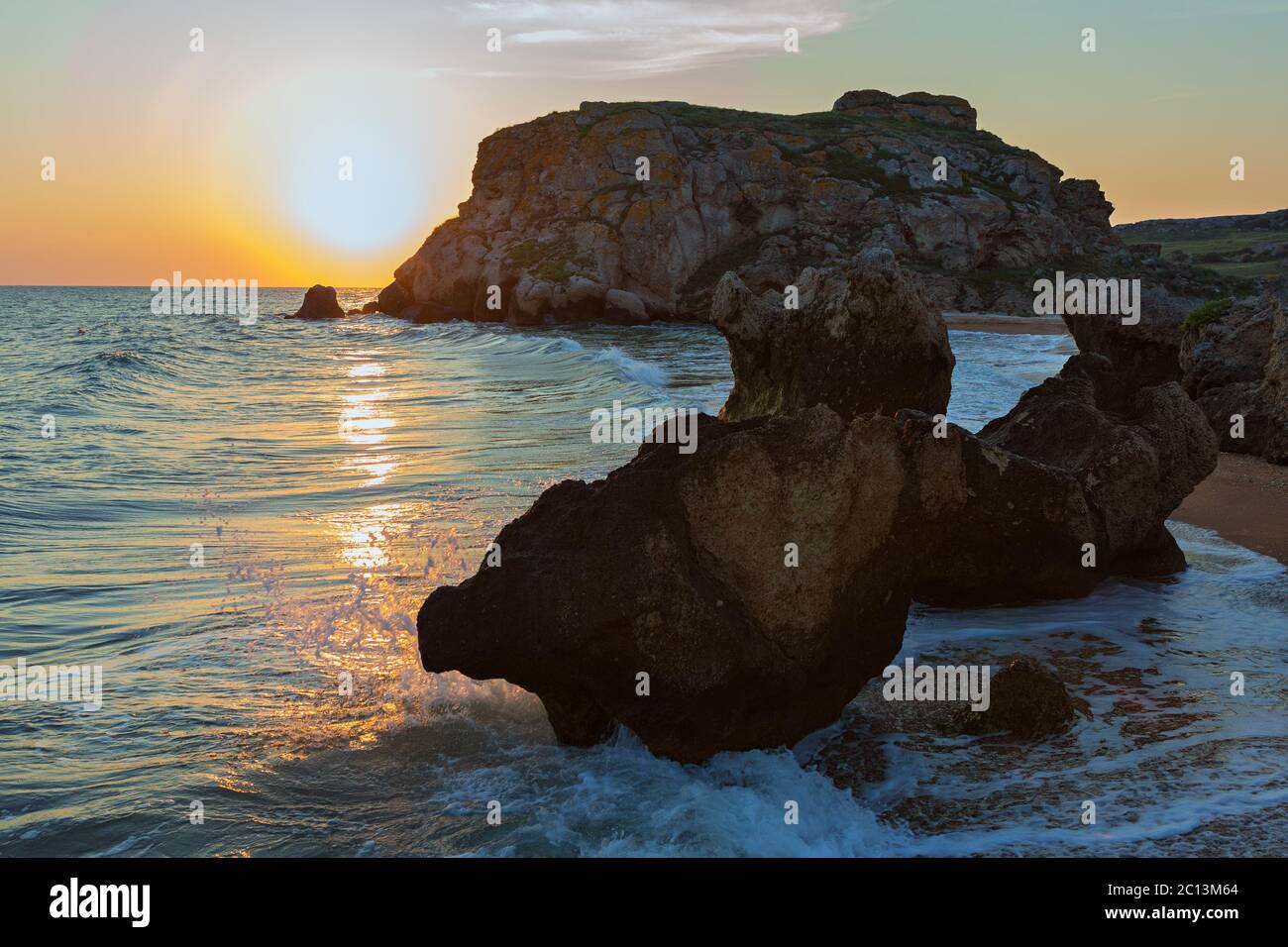 Sun rises over the Sea of Azov on Generals beach. Karalar regional ...