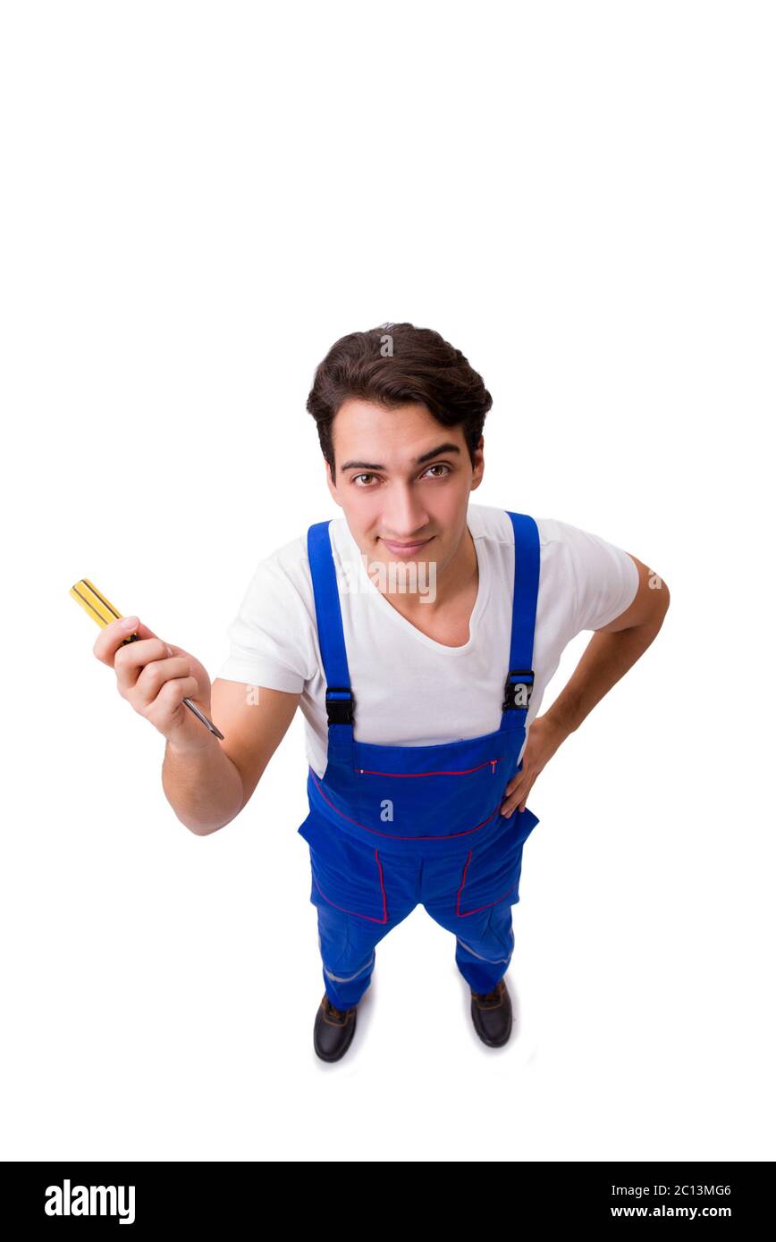 Funny repairman with tools isolated on white Stock Photo - Alamy