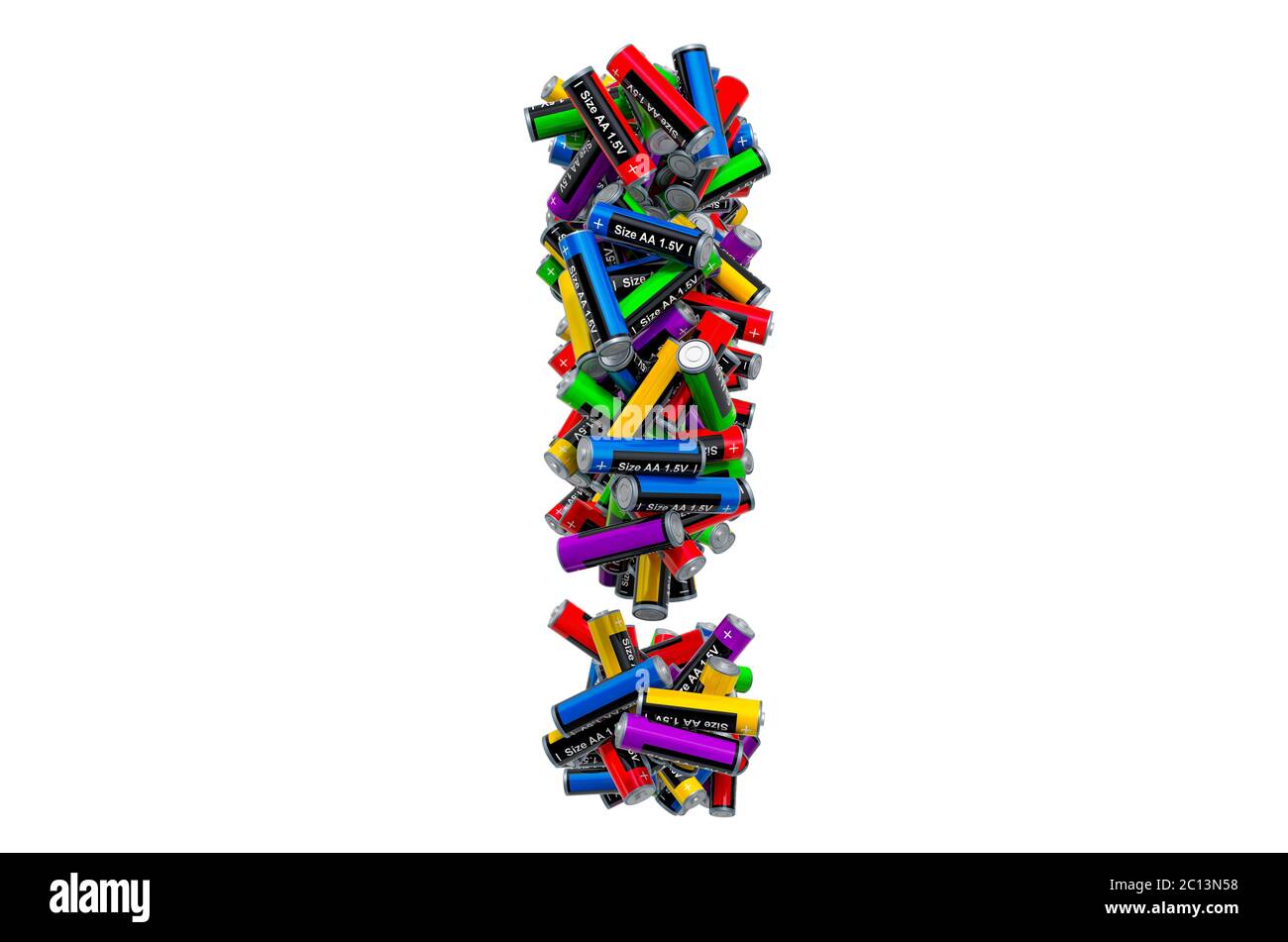 Exclamation mark from colored AA batteries, 3D rendering isolated on ...
