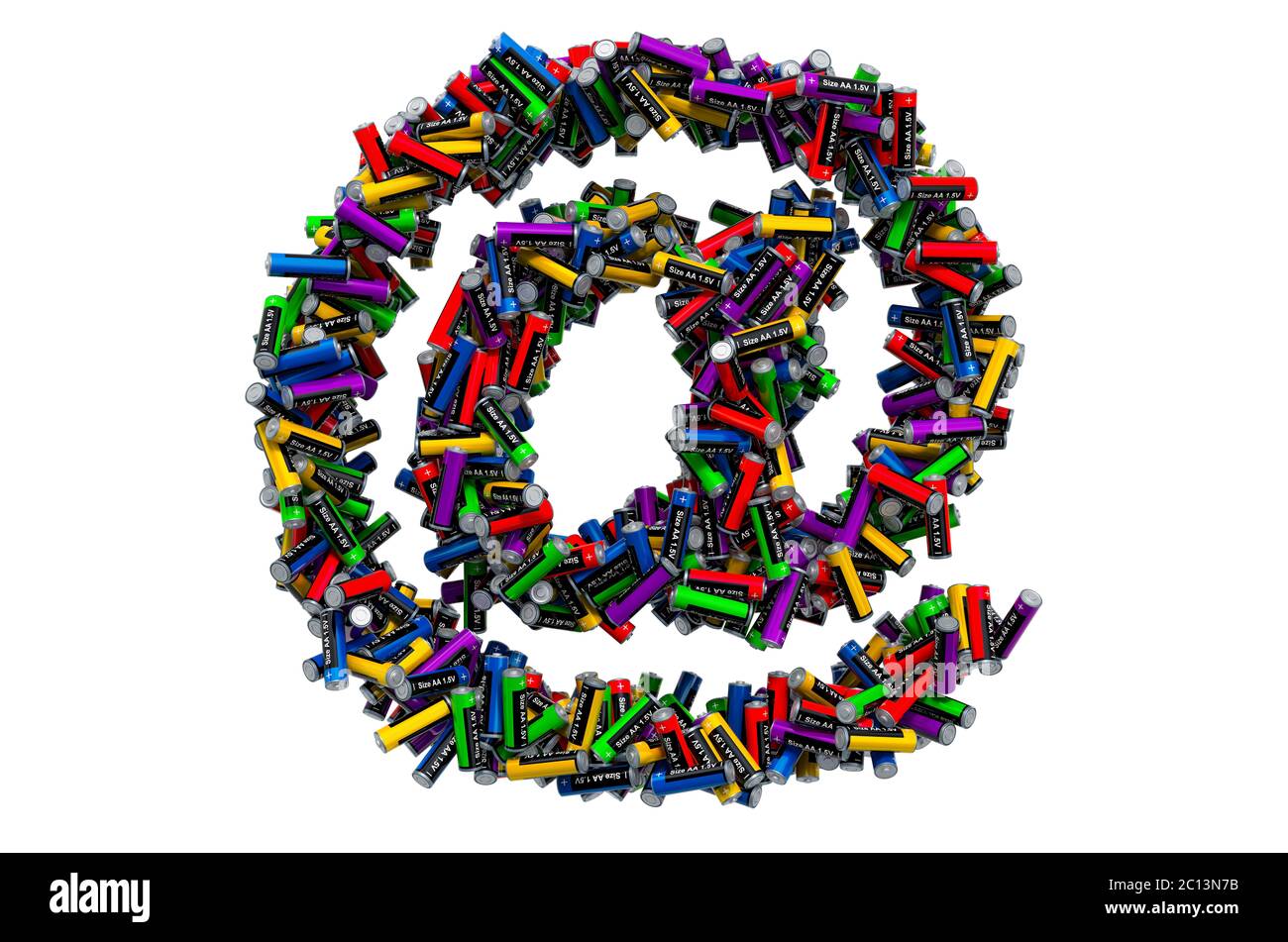 E-mail, at sign from colored AA batteries, 3D rendering isolated on ...