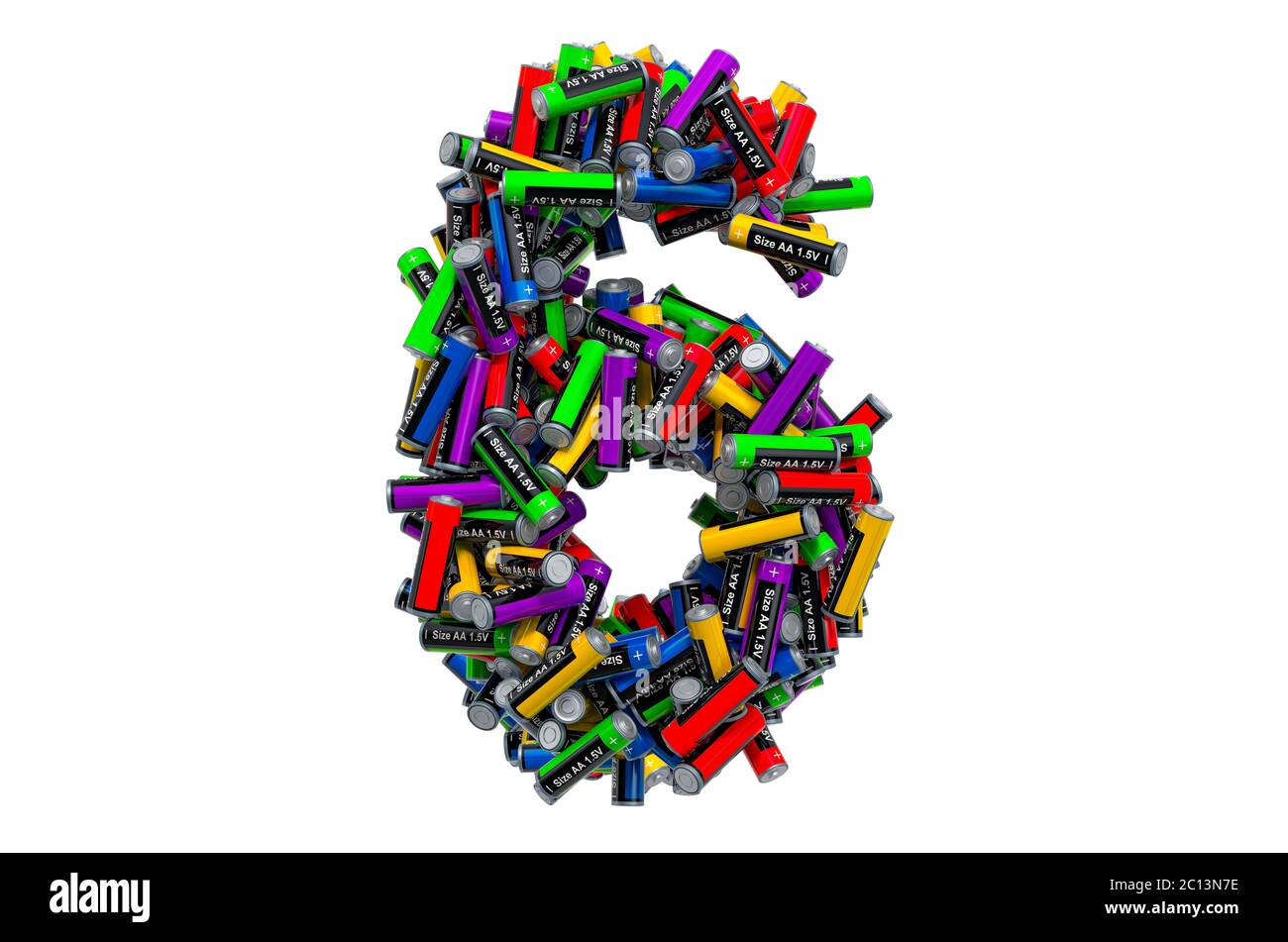 Number 6 from colored AA batteries, 3D rendering isolated on white ...