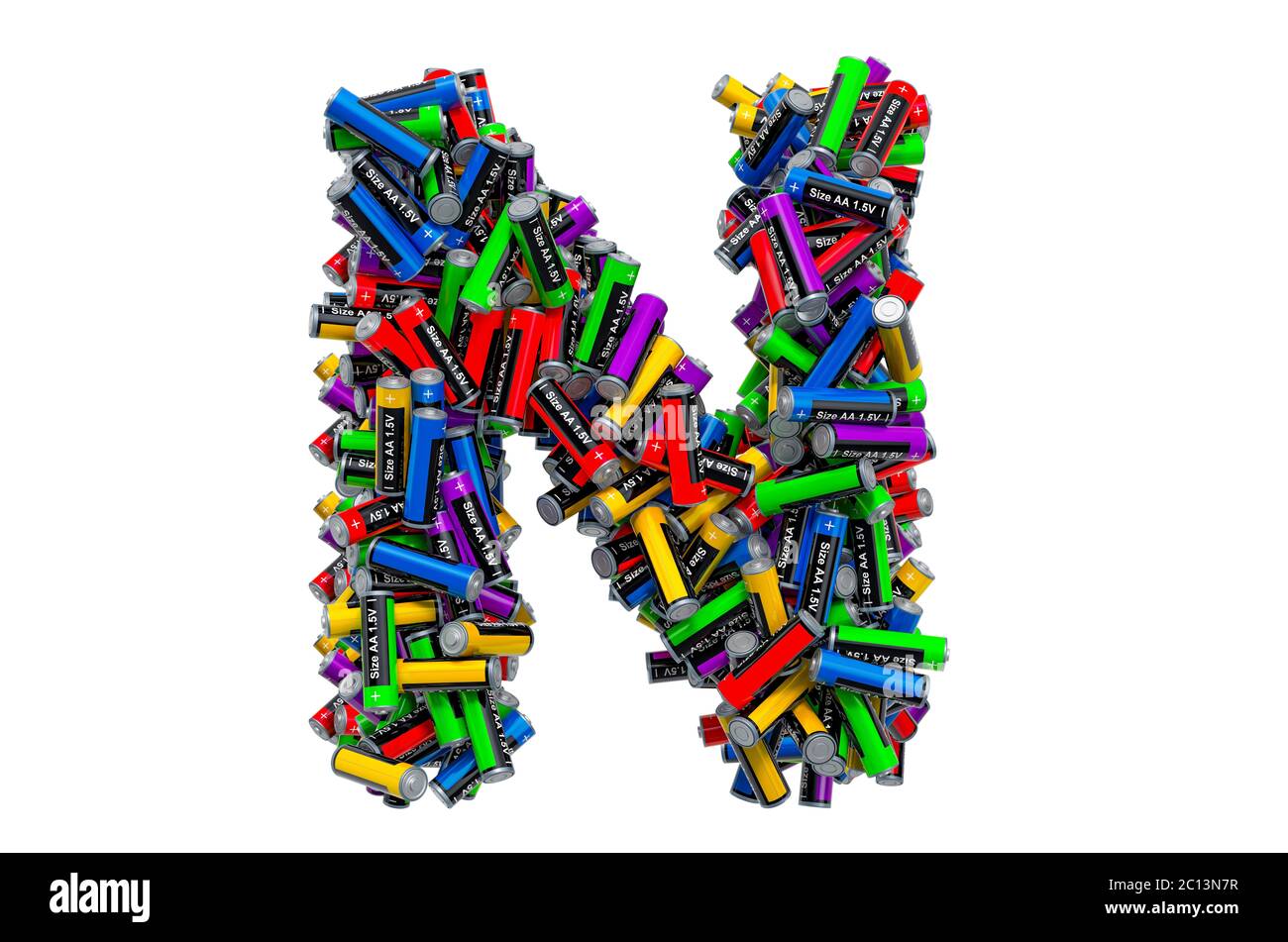 Letter N from colored AA batteries, 3D rendering isolated on white ...