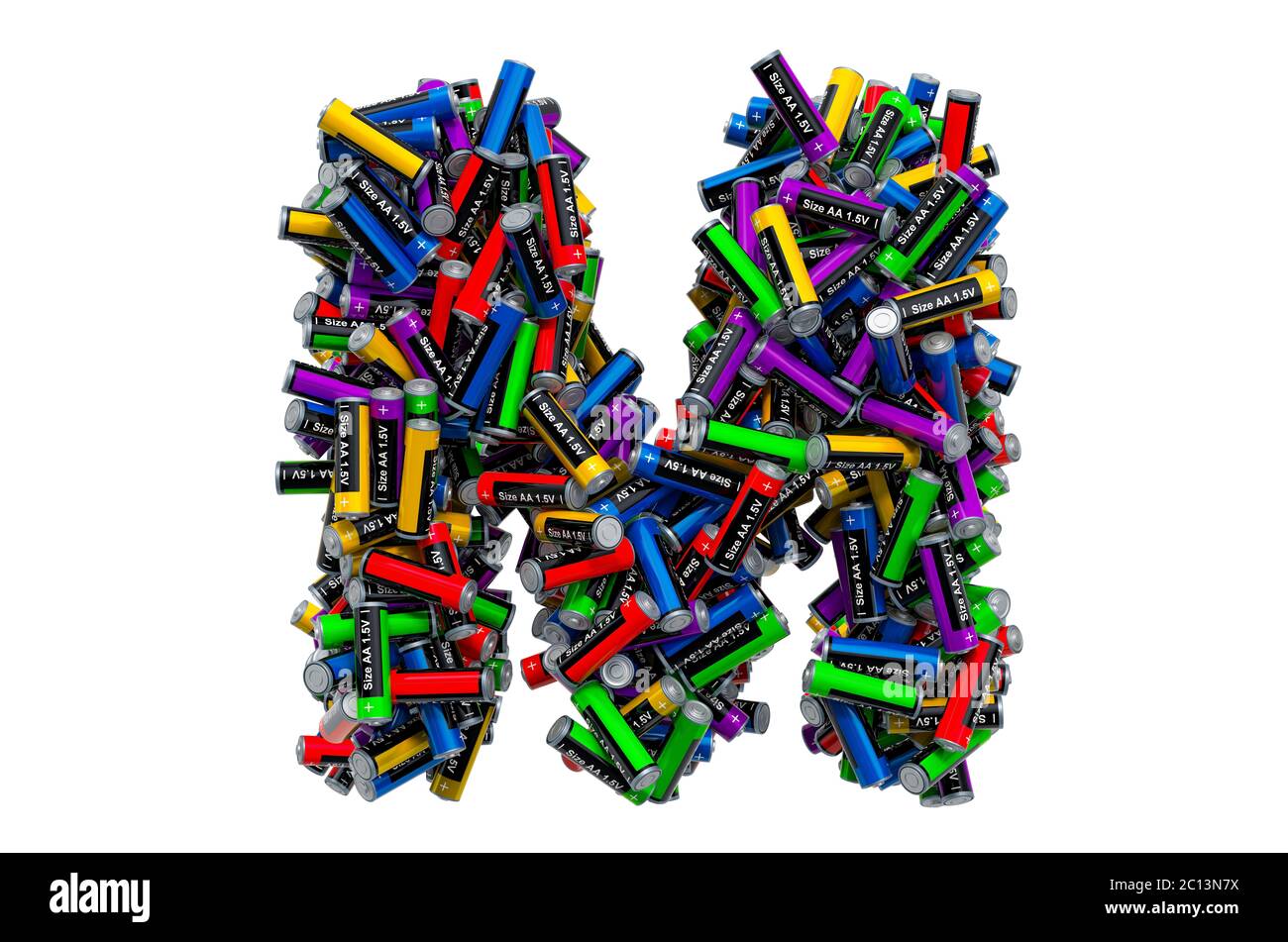 Letter M from colored AA batteries, 3D rendering isolated on white ...