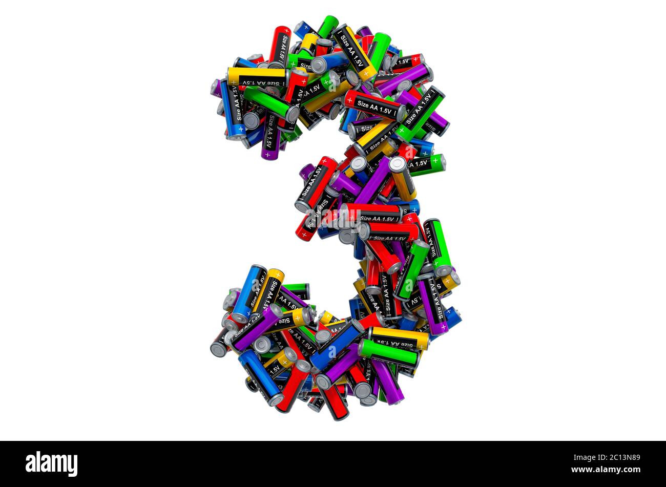 Number 3 from colored AA batteries, 3D rendering isolated on white ...