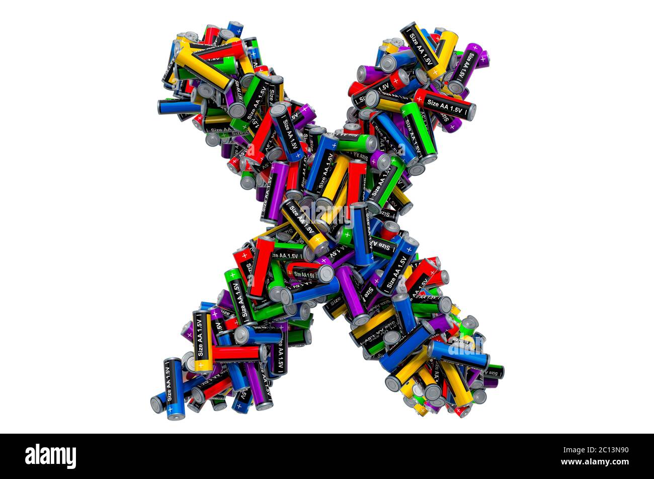 Letter X from colored AA batteries, 3D rendering isolated on white ...