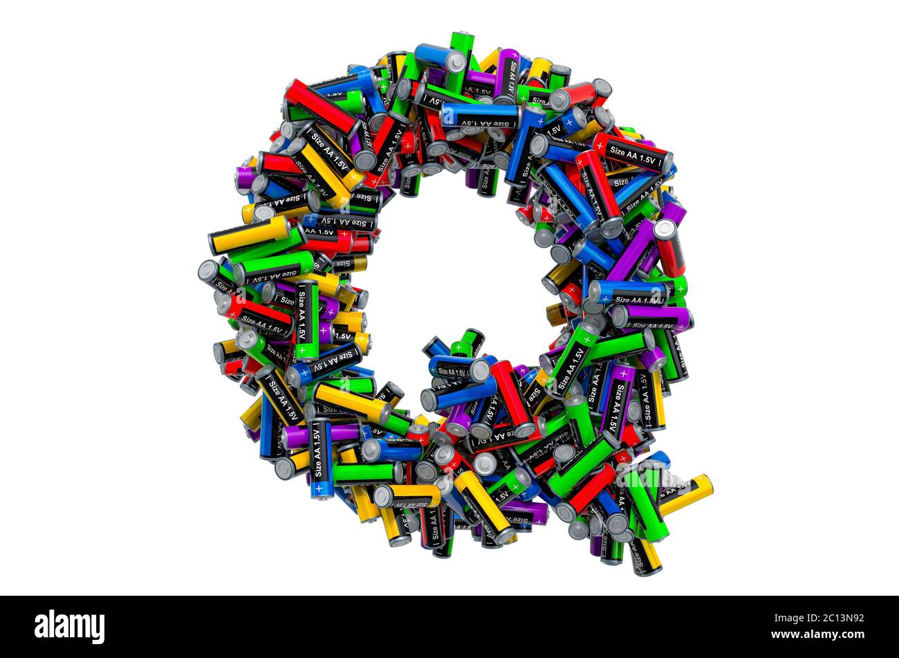 Letter Q from colored AA batteries, 3D rendering isolated on white ...